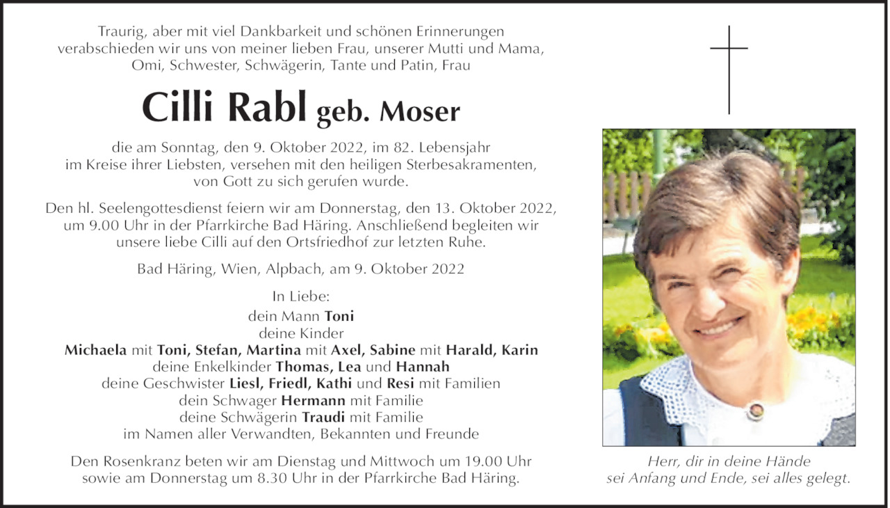 Traueranzeige von Cilli Rabl vom 09.10.2022 | Tiroler Tageszeitung