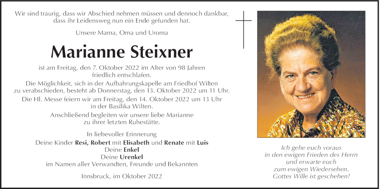 Traueranzeige von Marianne Steixner vom 07.10.2022 | Tiroler Tageszeitung