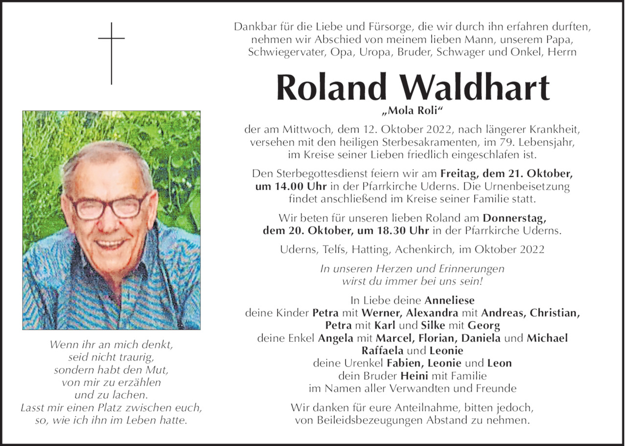 Traueranzeige von Roland Waldhart vom 12.10.2022 | Tiroler Tageszeitung