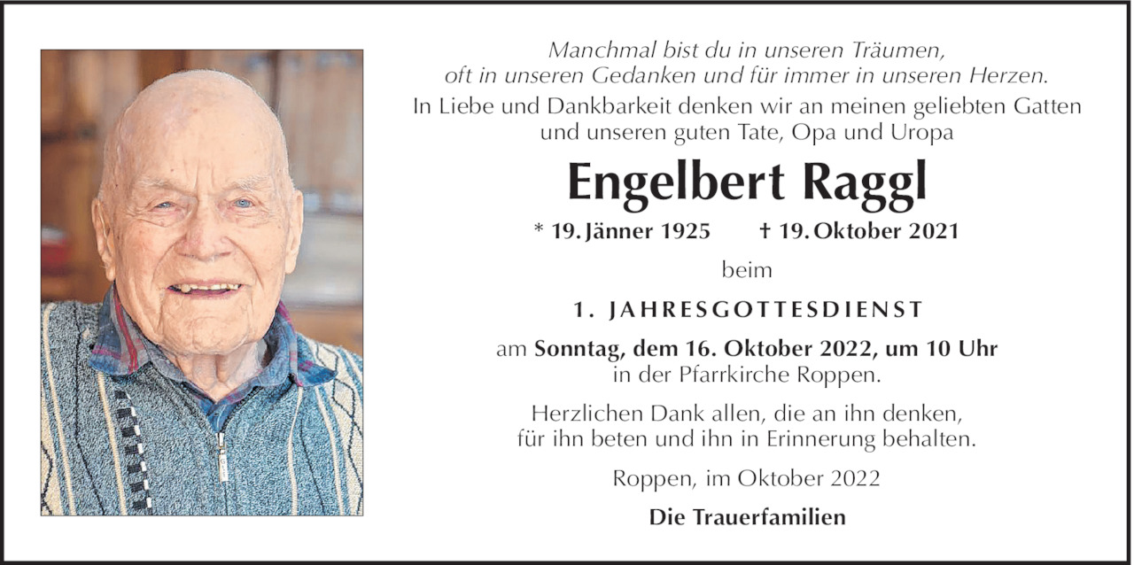 Jahrestag von Engelbert Raggl vom 19.10.2021 | Tiroler Tageszeitung