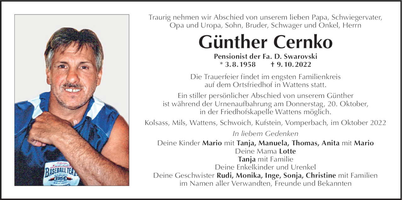 Traueranzeige von Günther Cernko vom 09.10.2022 | Tiroler Tageszeitung
