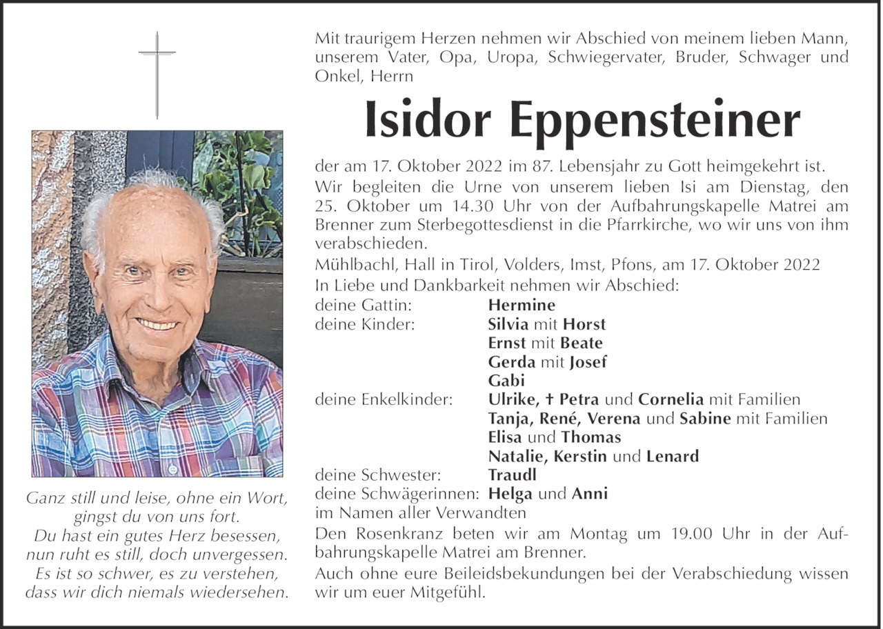 Traueranzeige von Isidor Eppensteiner vom 17.10.2022 | Tiroler Tageszeitung