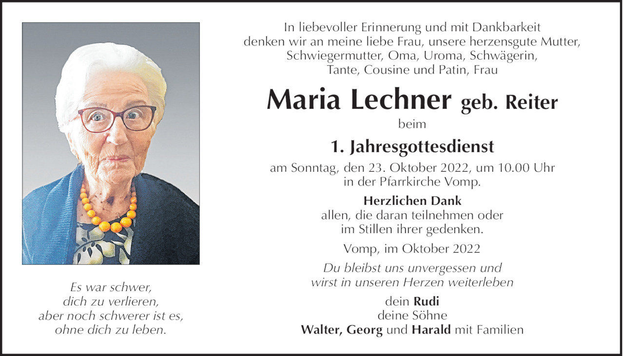 Jahrestag von Maria Lechner vom 23.10.2022 | Tiroler Tageszeitung
