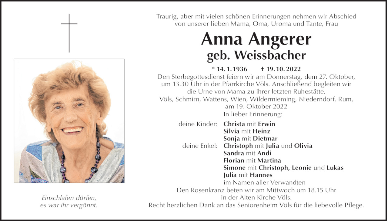 Traueranzeige von Anna Angerer vom 19.10.2022 | Tiroler Tageszeitung