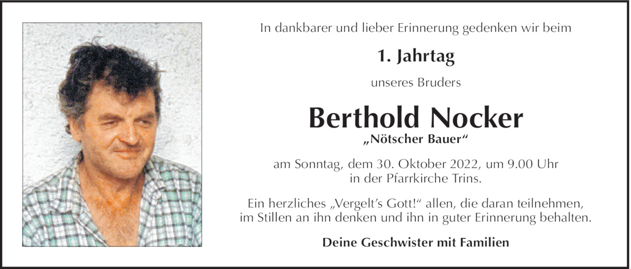 Traueranzeige von Berthold Nocker vom 27.10.2022 | Tiroler Tageszeitung
