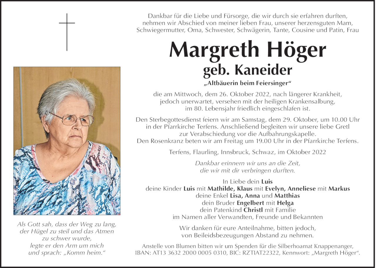 Traueranzeige von Margreth Höger vom 26.10.2022 | Tiroler Tageszeitung