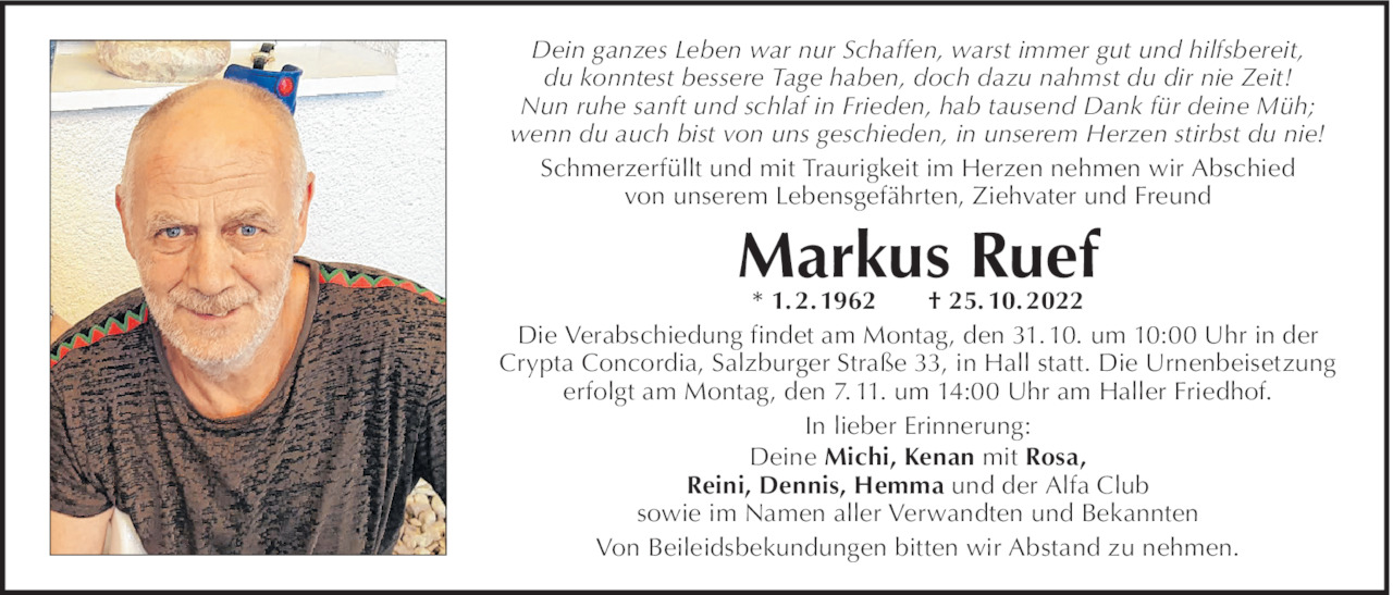 Traueranzeige von Markus Ruef vom 29.10.2022 | Tiroler Tageszeitung