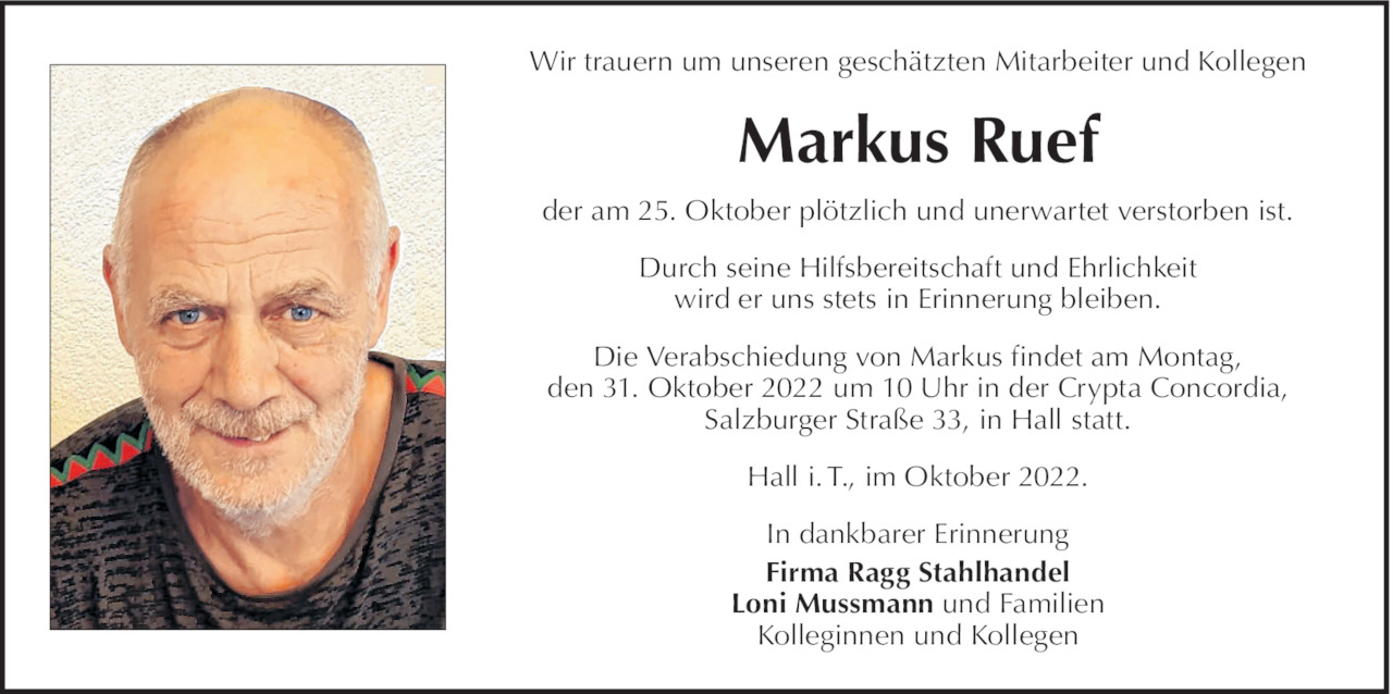 Traueranzeige von Markus Ruef vom 25.10.2022 | Tiroler Tageszeitung