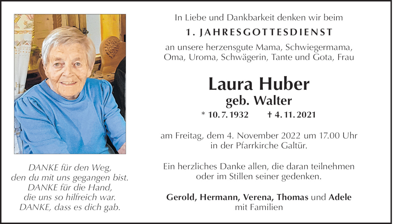 Jahrestag von Laura Huber vom 04.11.2021 | Tiroler Tageszeitung