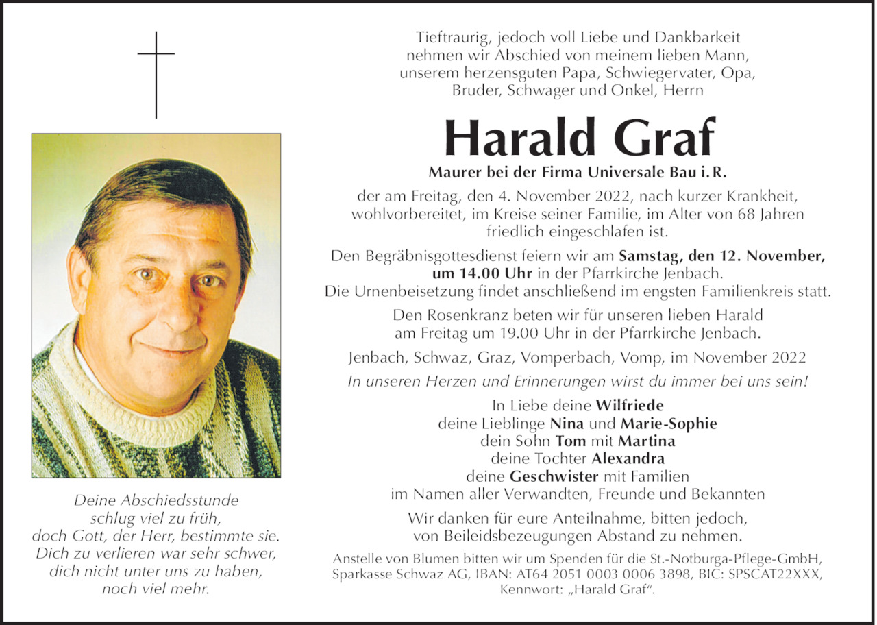 Traueranzeige von Harald Graf vom 04.11.2022 | Tiroler Tageszeitung