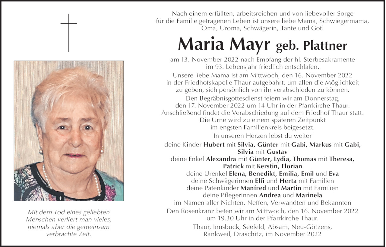 Traueranzeige von Maria Mayr vom 13.11.2022 | Tiroler Tageszeitung