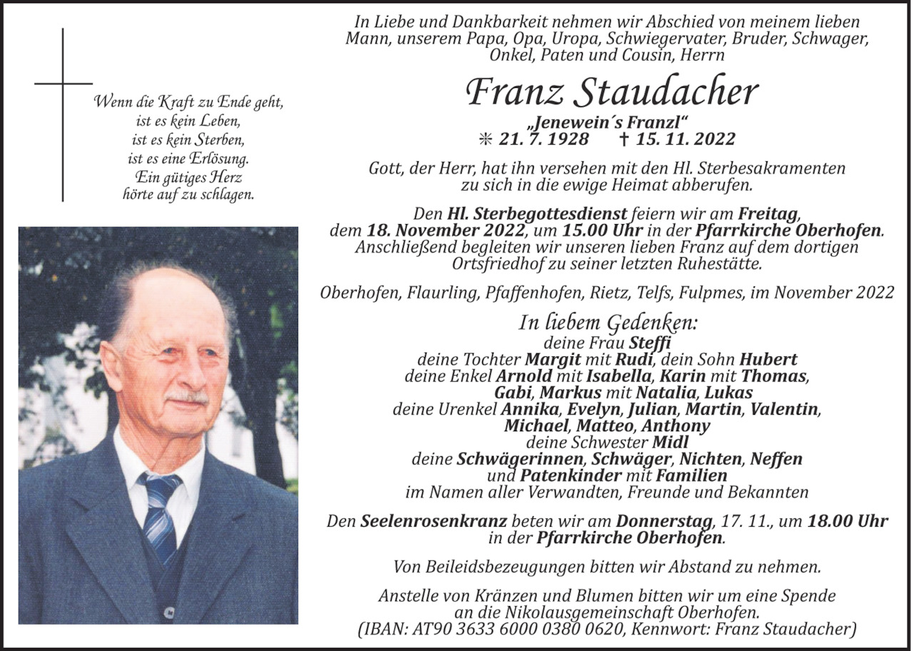 Traueranzeige von Franz Staudacher vom 15.11.2022 | Tiroler Tageszeitung