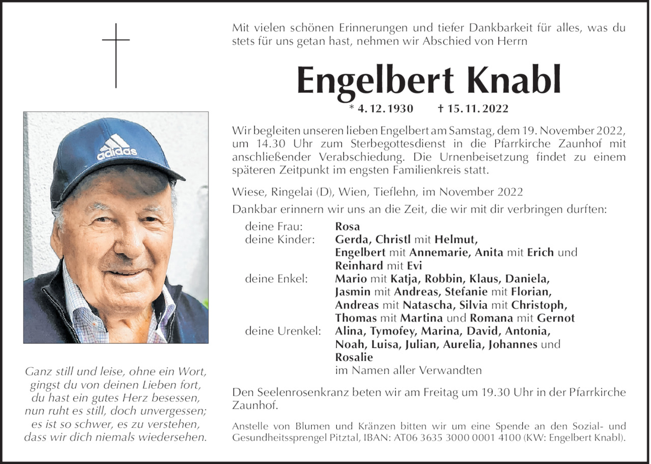 Traueranzeige von Engelbert Knabl vom 15.11.2022 | Tiroler Tageszeitung