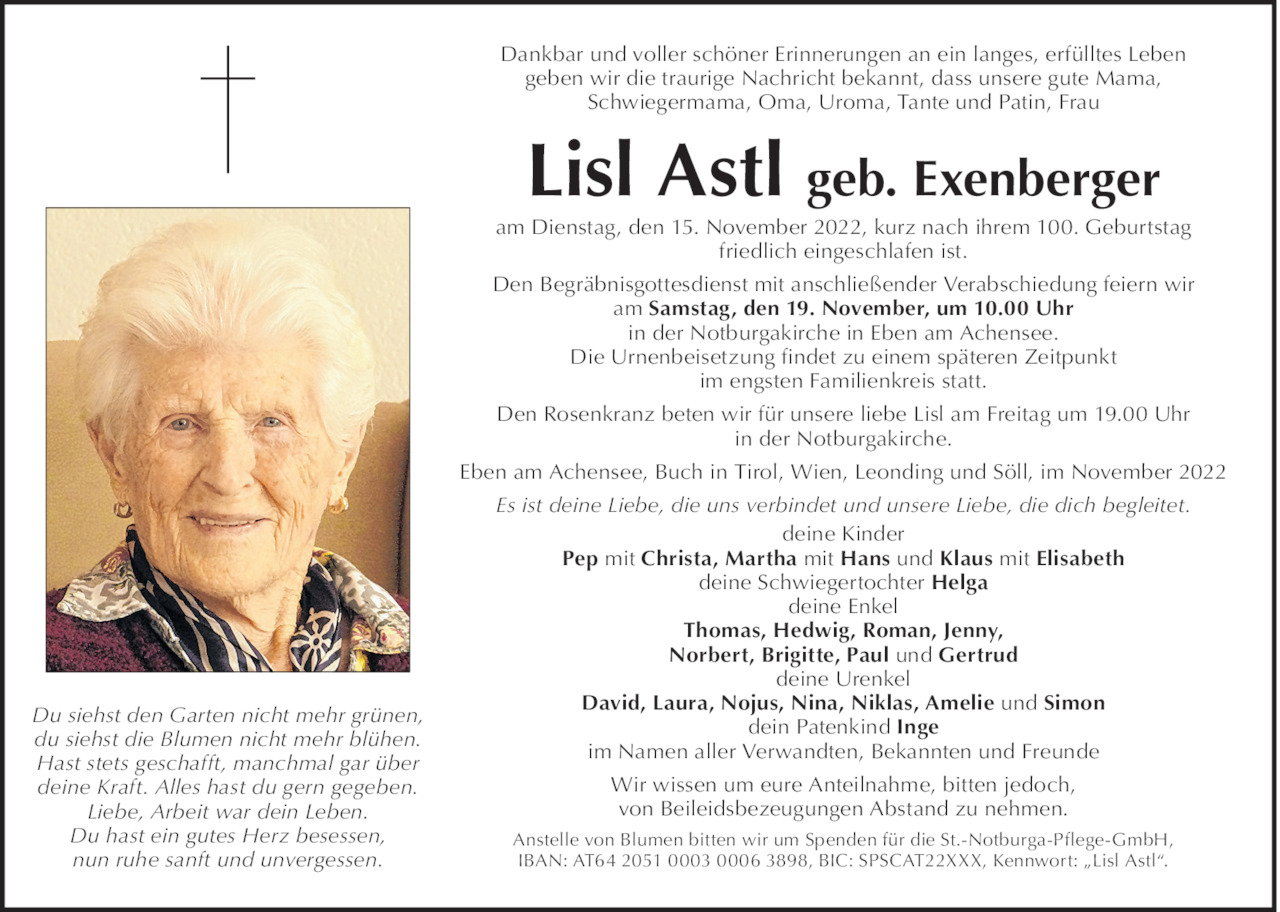 Traueranzeige von Lisl Astl vom 15.11.2022 | Tiroler Tageszeitung