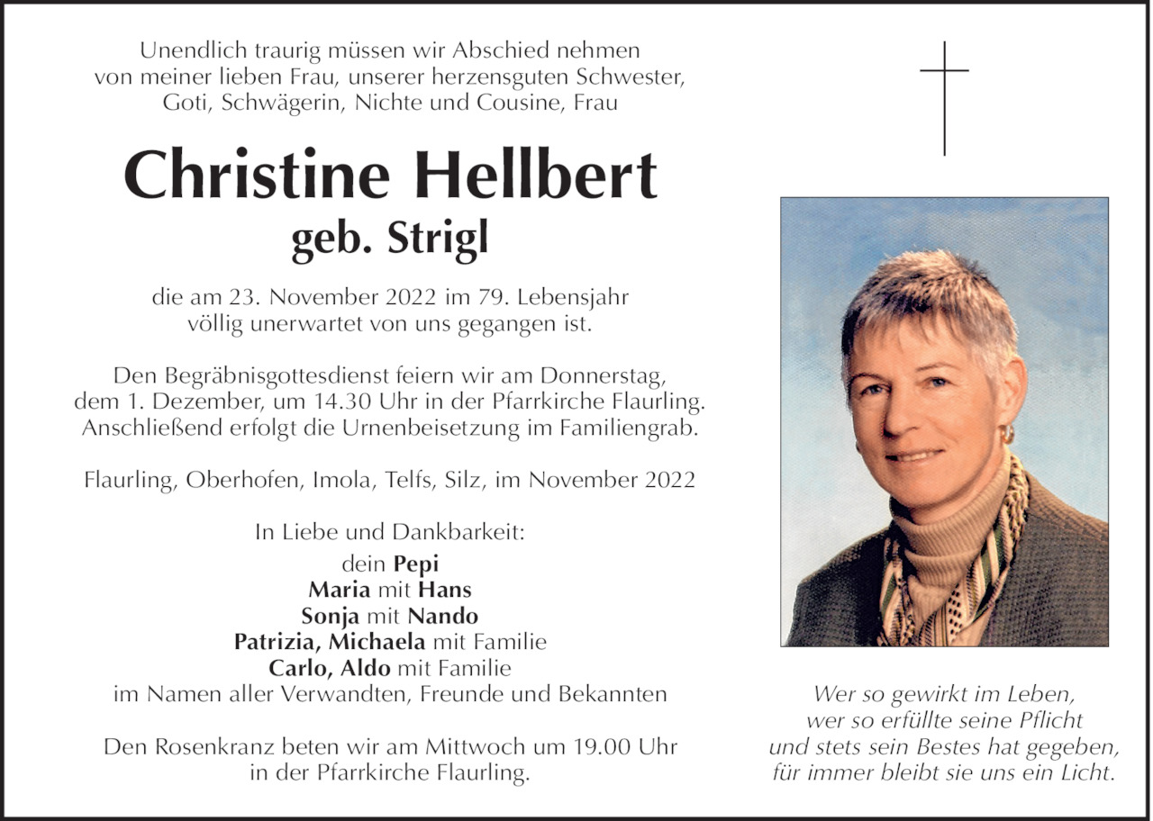 Traueranzeige von Christine Hellbert vom 23.11.2022 | Tiroler Tageszeitung
