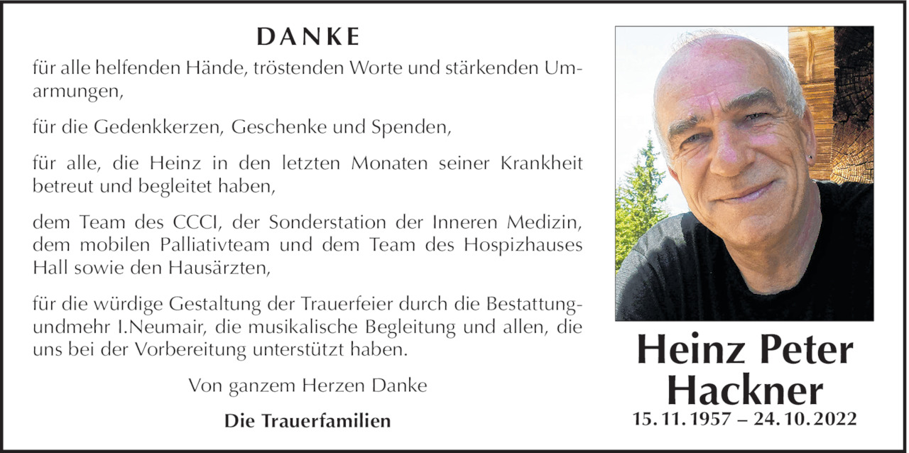 Danksagung von Heinz Peter Hackner vom 24.10.2022 | Tiroler Tageszeitung