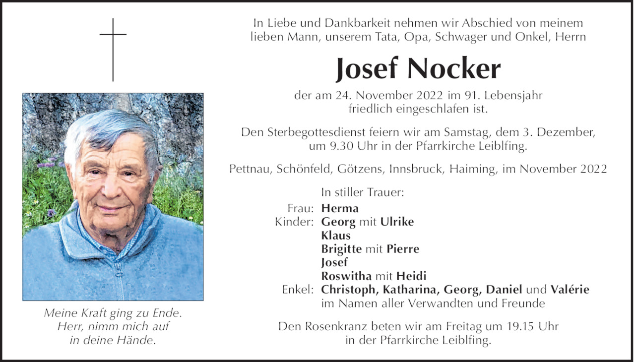 Traueranzeige von Josef Nocker vom 24.11.2022 | Tiroler Tageszeitung