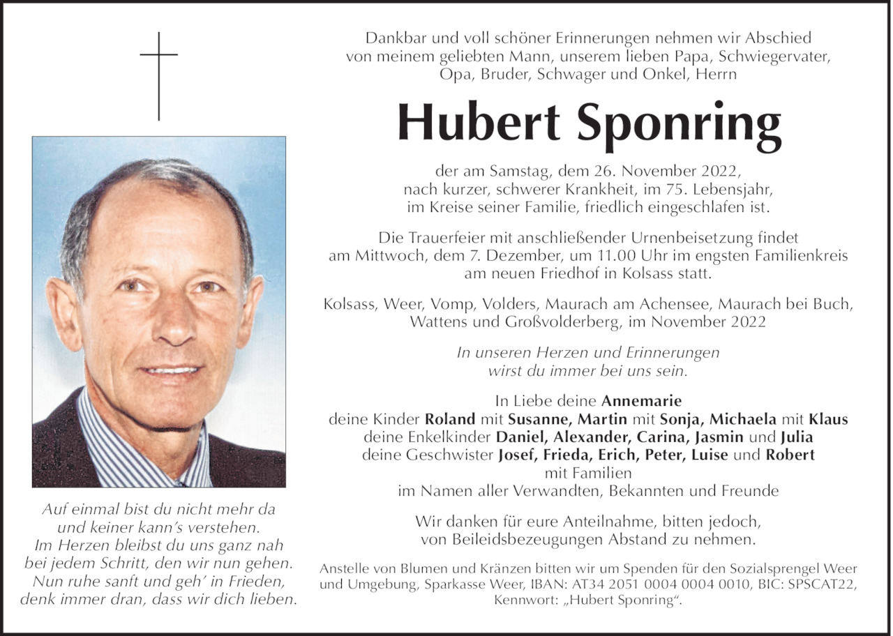 Traueranzeige von Hubert Sponring vom 26.11.2022 | Tiroler Tageszeitung