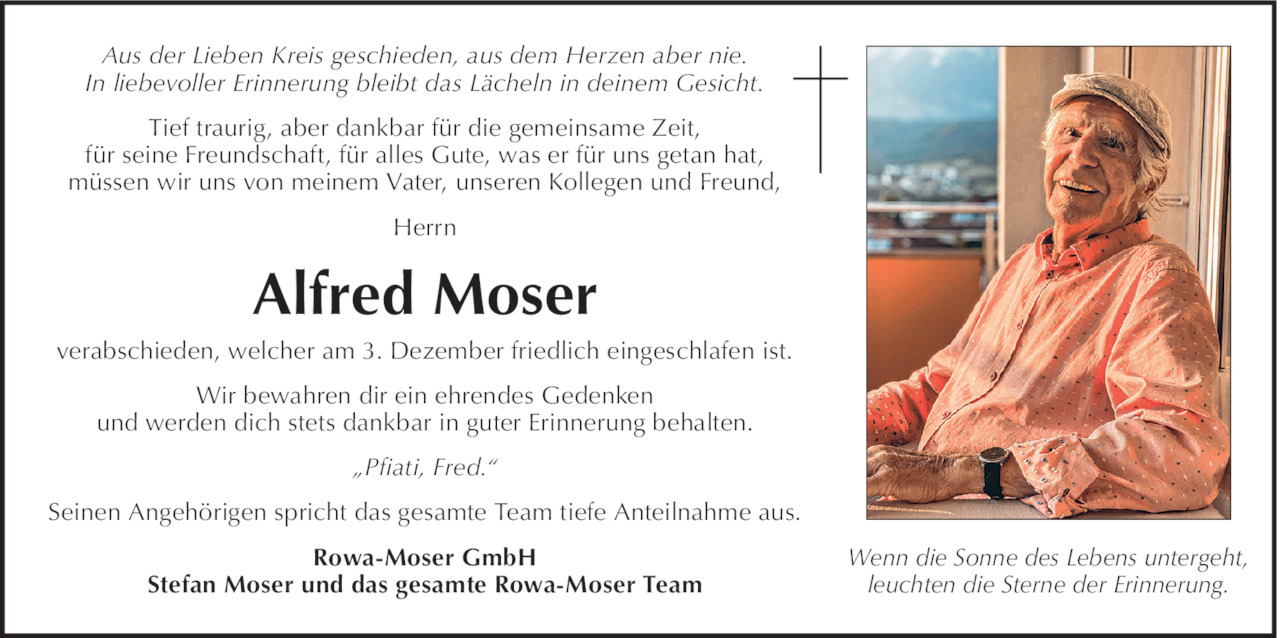 Traueranzeige von Alfred Moser vom 03.12.2022 | Tiroler Tageszeitung