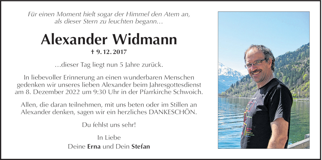 Jahrestag von Alexander Widmann vom 09.12.2017 | Tiroler Tageszeitung
