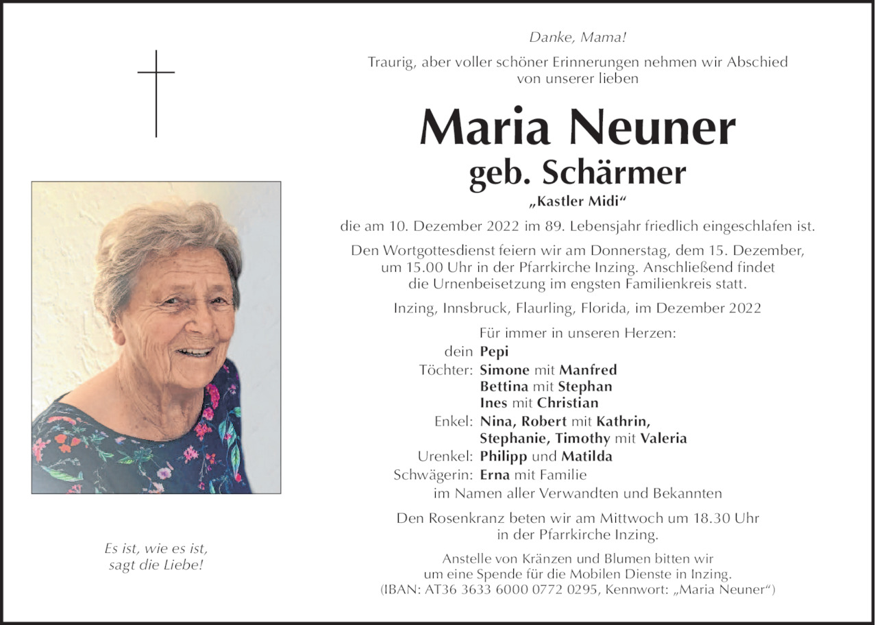 Traueranzeige von Maria Neuner vom 10.12.2022 | Tiroler Tageszeitung