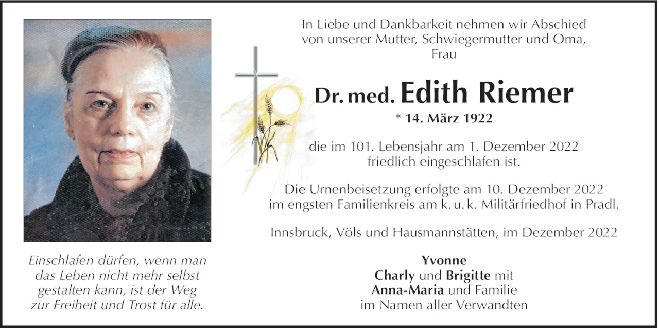 Traueranzeige von Edith Riemer vom 01.12.2022 | Tiroler Tageszeitung