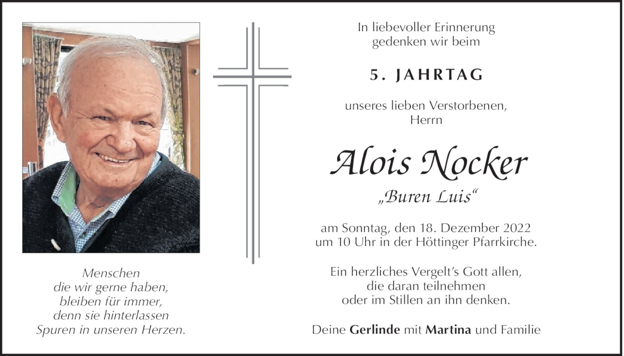 Jahrestag von Alois Nocker vom 18.12.2022 | Tiroler Tageszeitung