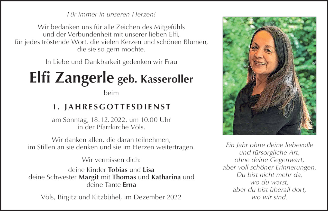 Jahrestag von Elfi Zangerle vom 18.12.2022 | Tiroler Tageszeitung