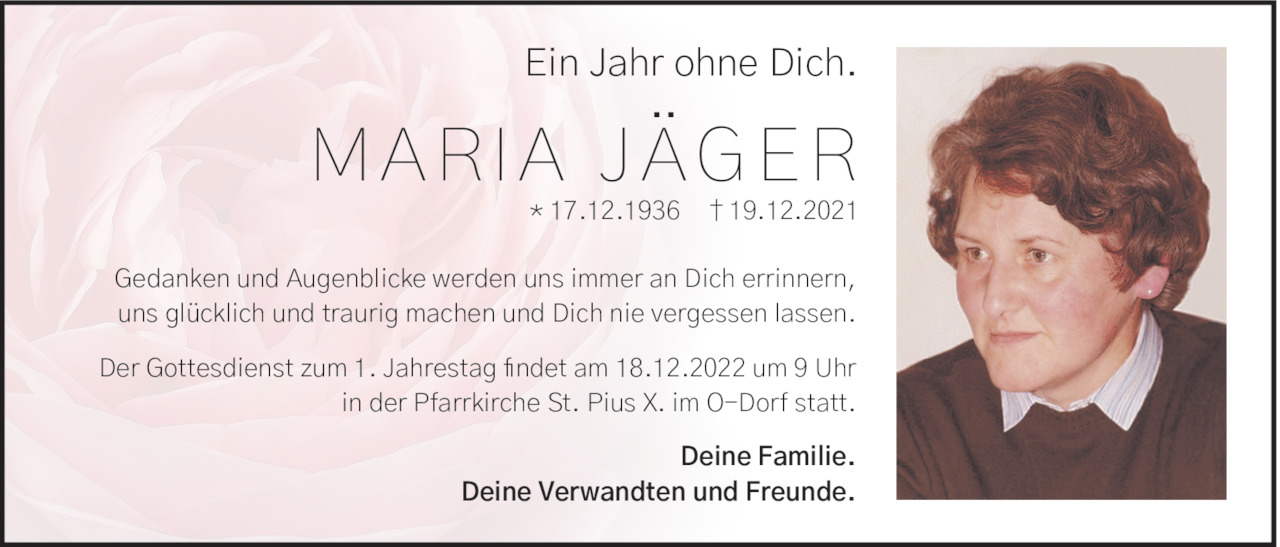 Jahrestag von Maria Jäger vom 19.12.2021 | Tiroler Tageszeitung