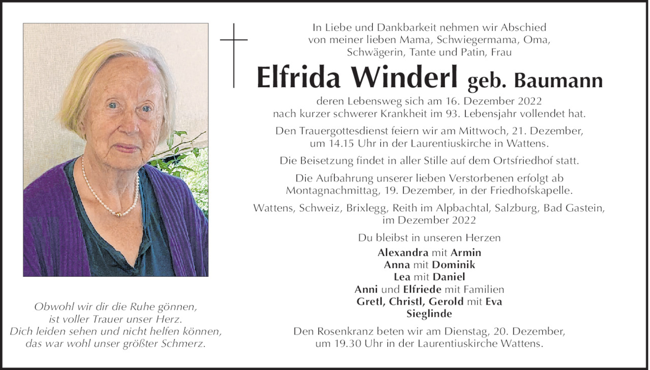 Traueranzeige von Elfrida Winderl vom 16.12.2022 | Tiroler Tageszeitung