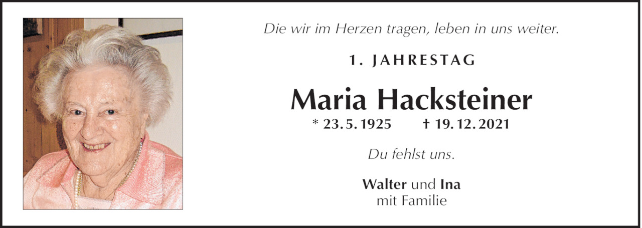 Traueranzeige von Maria Hacksteiner vom 19.12.2021 | Tiroler Tageszeitung