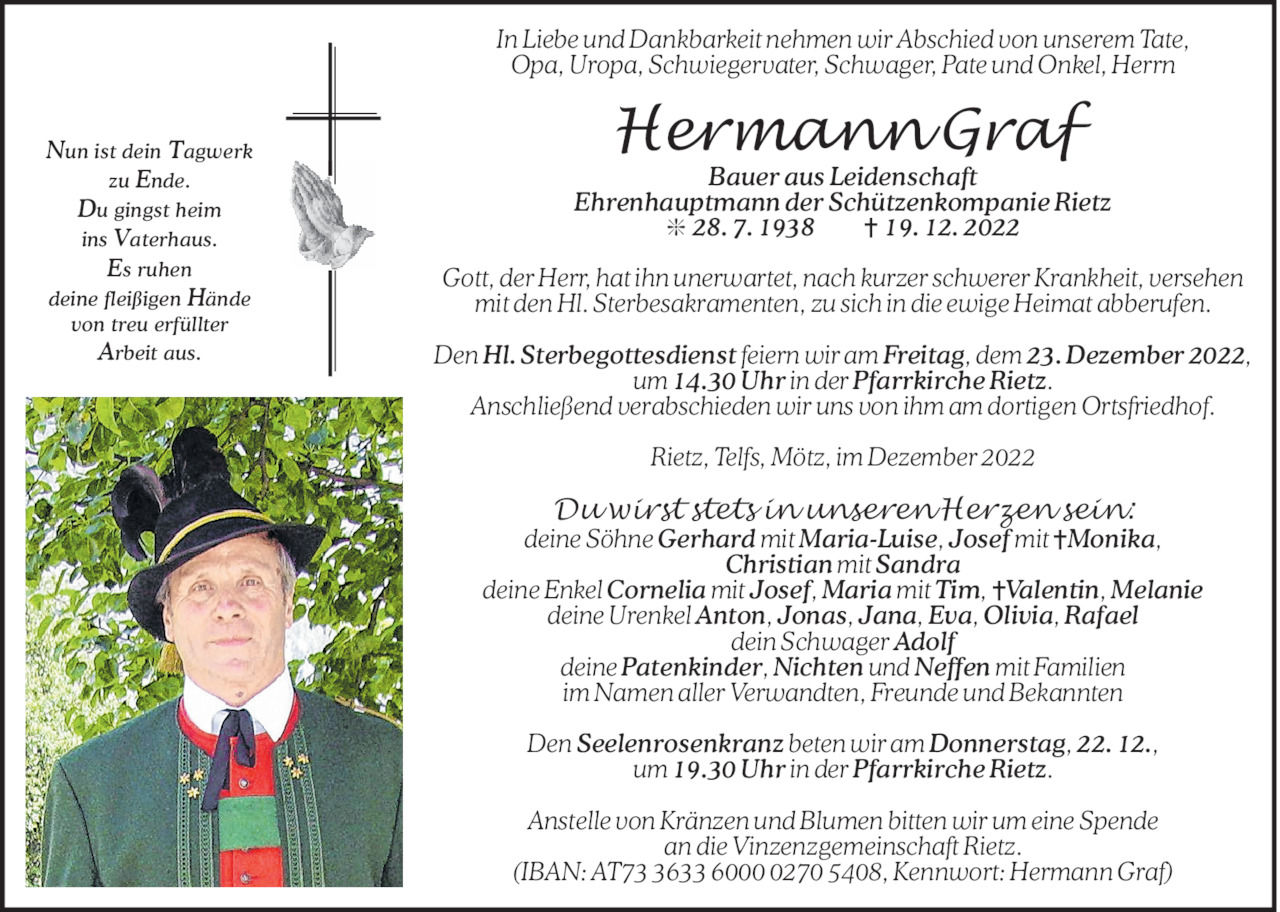 Traueranzeige von Hermann Graf vom 19.12.2022 | Tiroler Tageszeitung
