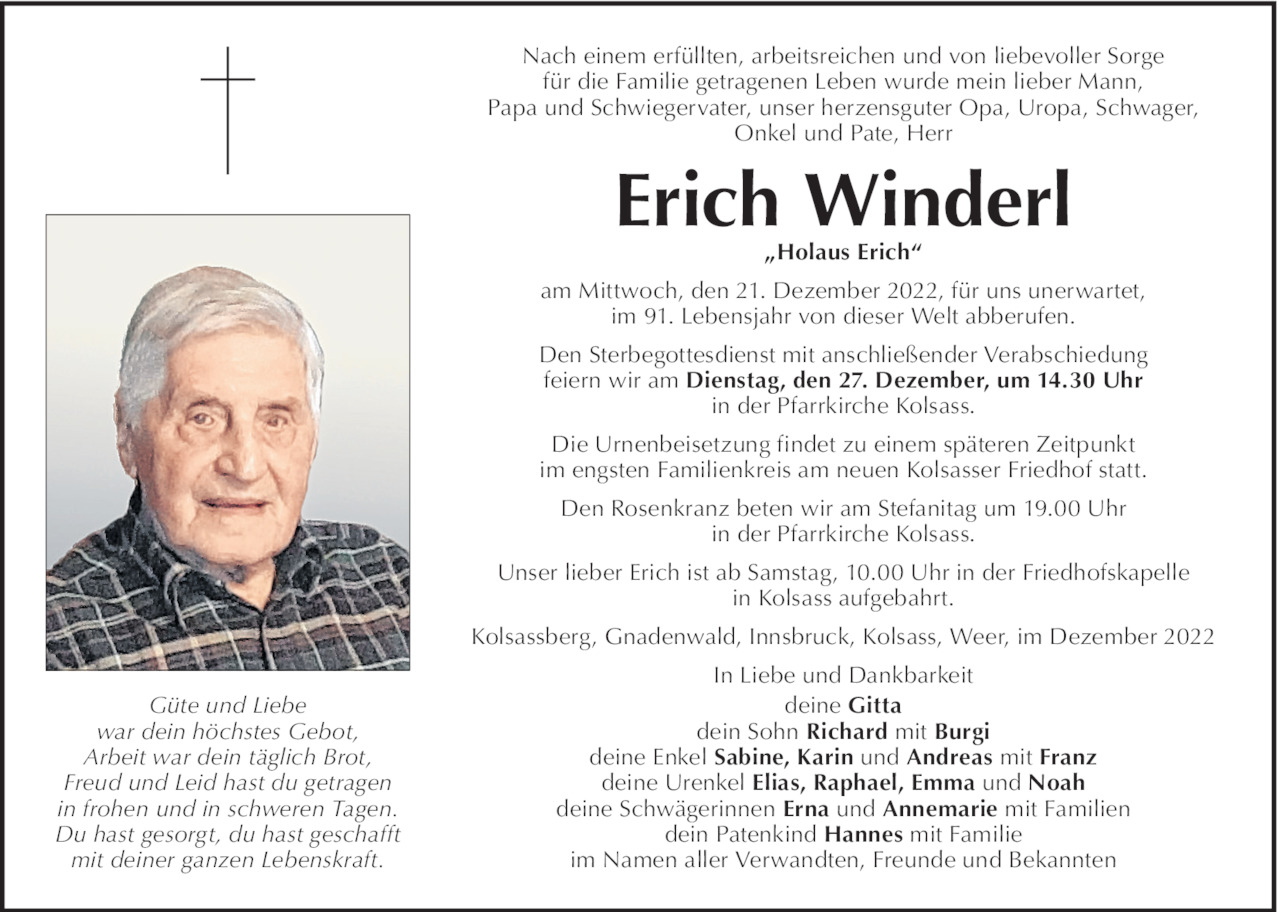 Traueranzeige von Erich Winderl vom 21.12.2022 | Tiroler Tageszeitung