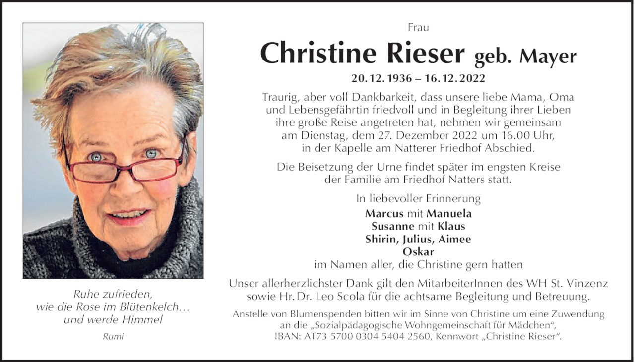 Traueranzeige von Christine Rieser vom 16.12.2022 | Tiroler Tageszeitung