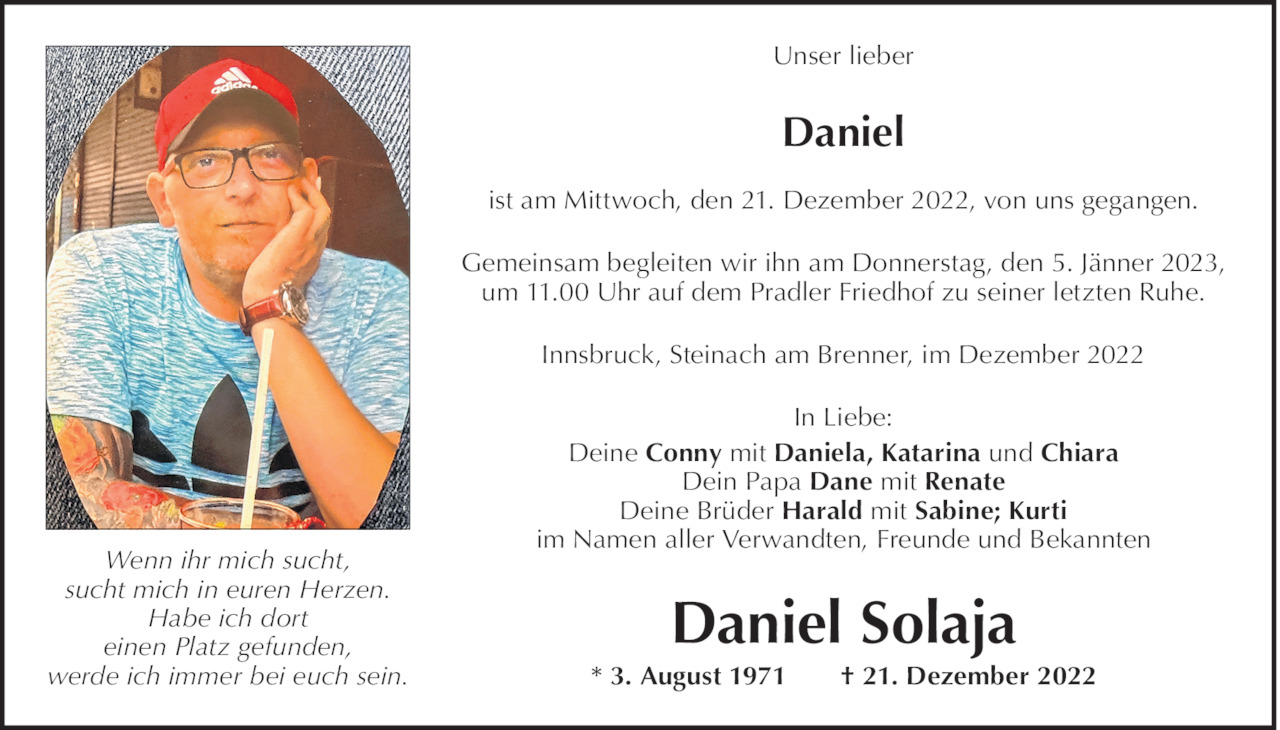 Traueranzeige von Daniel Solaja vom 21.12.2022 | Tiroler Tageszeitung