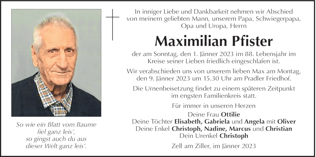 Traueranzeige von Maximilian Pfister vom 01.01.2023 | Tiroler Tageszeitung