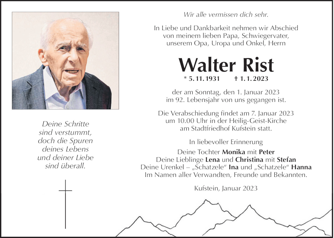 Traueranzeige von Walter Rist vom 01.01.2023 | Tiroler Tageszeitung