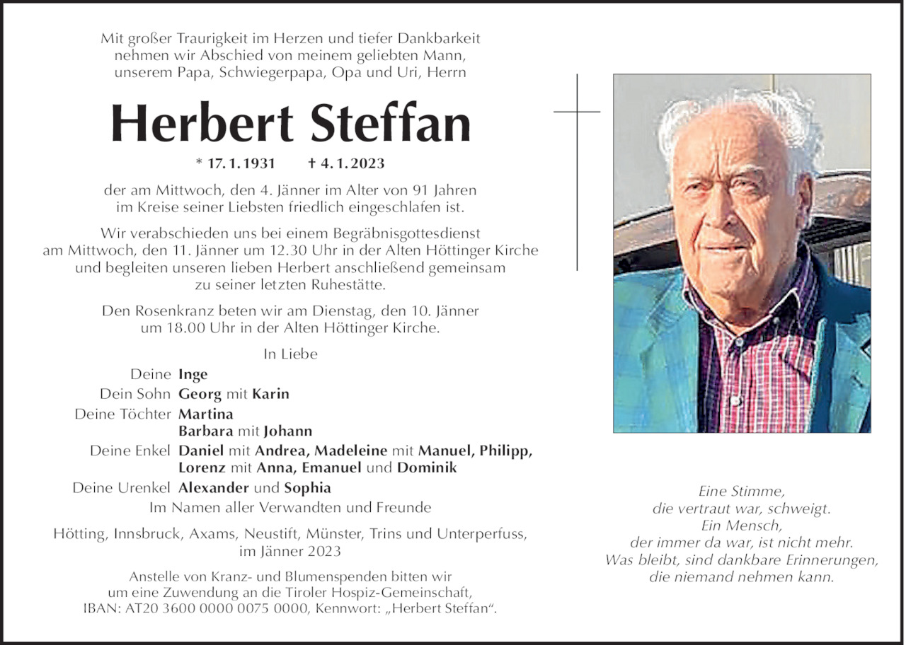 Traueranzeige von Herbert Steffan vom 04.01.2023 | Tiroler Tageszeitung