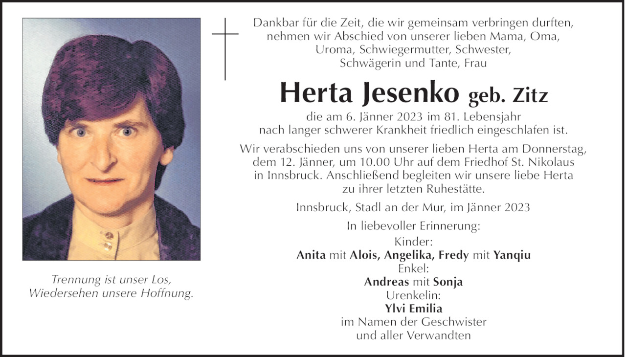Traueranzeige von Herta Jesenko vom 06.01.2023 | Tiroler Tageszeitung