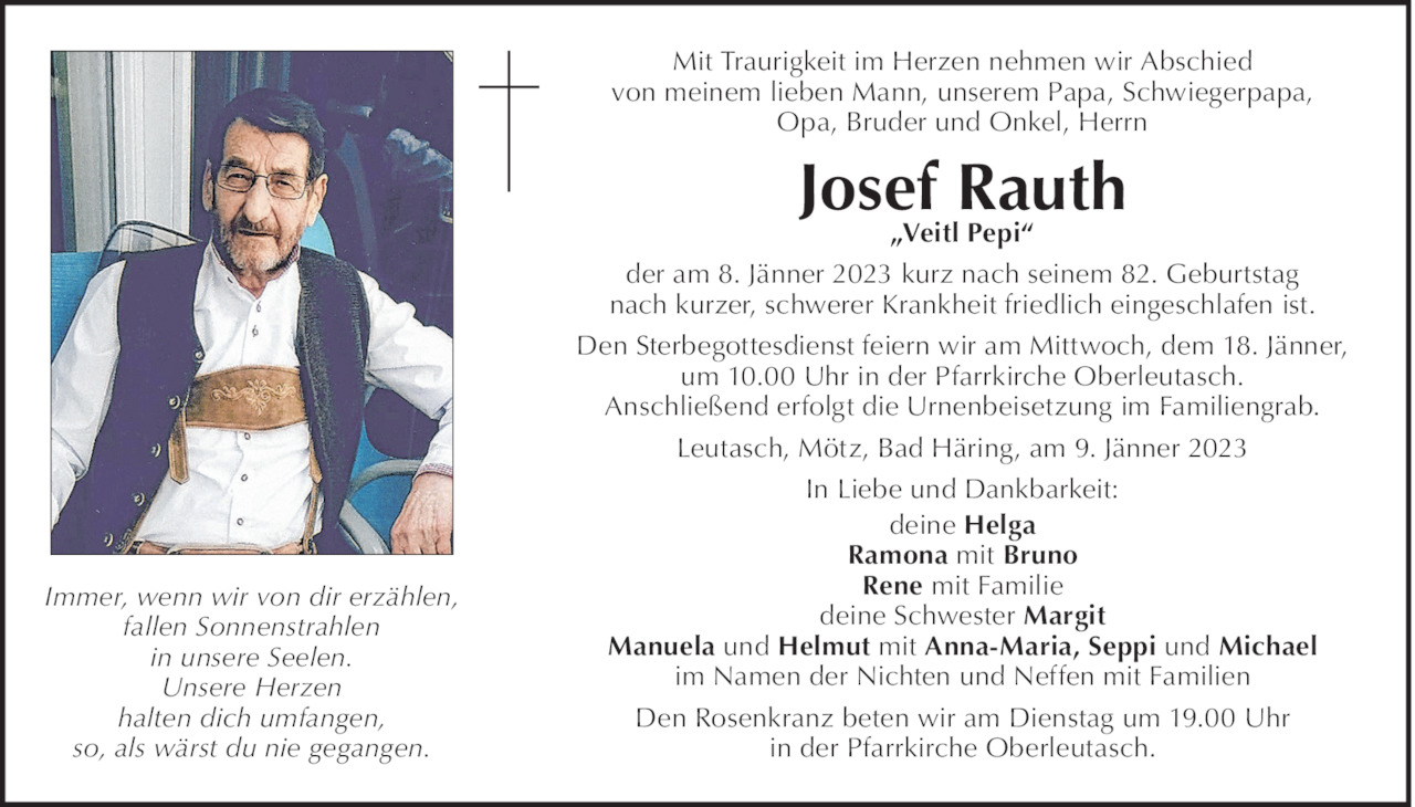Traueranzeige von Josef Rauth vom 08.01.2023 | Tiroler Tageszeitung