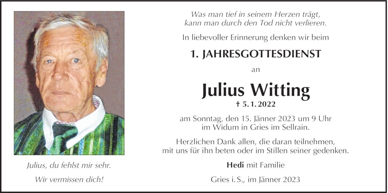 Jahrestag von Julius Witting vom 05.01.2022 | Tiroler Tageszeitung