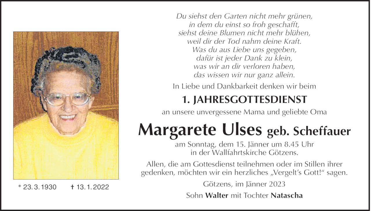Jahrestag von Margarete Ulses vom 13.01.2022 | Tiroler Tageszeitung