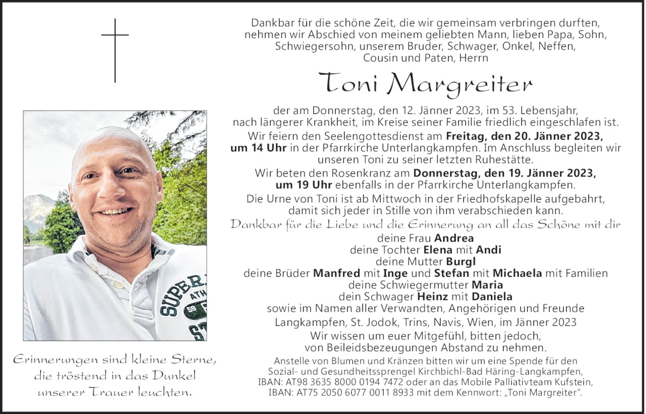 Traueranzeige von Toni Margreiter vom 12.01.2023 | Tiroler Tageszeitung