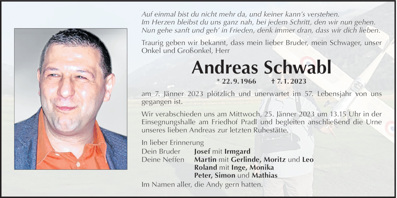 Traueranzeige von Andreas Schwabl vom 07.01.2023 | Tiroler Tageszeitung