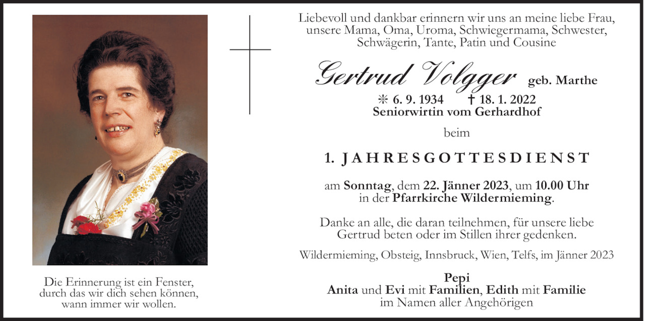 Traueranzeige von Gertrud Volgger vom 18.01.2022 | Tiroler Tageszeitung