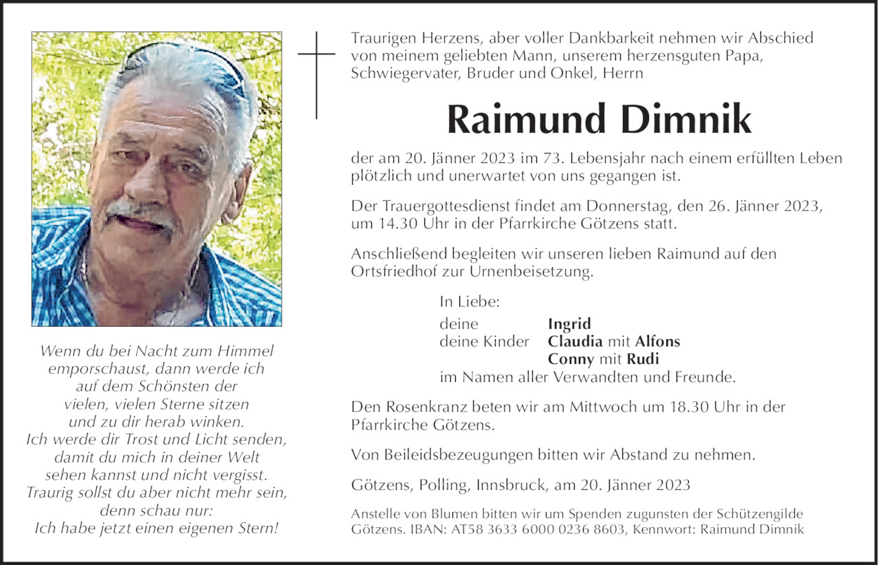 Traueranzeige von Raimund Dimnik vom 20.01.2023 | Tiroler Tageszeitung