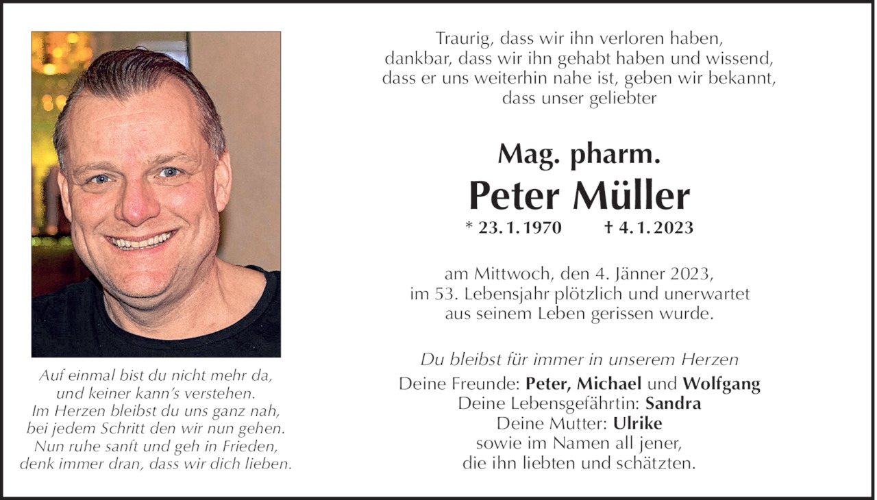 Traueranzeige von Peter Müller vom 04.01.2023 | Tiroler Tageszeitung
