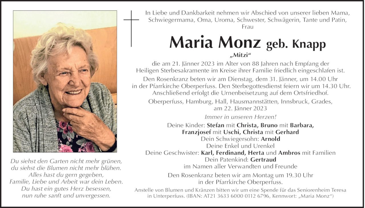 Traueranzeige von Maria Monz vom 21.01.2023 | Tiroler Tageszeitung