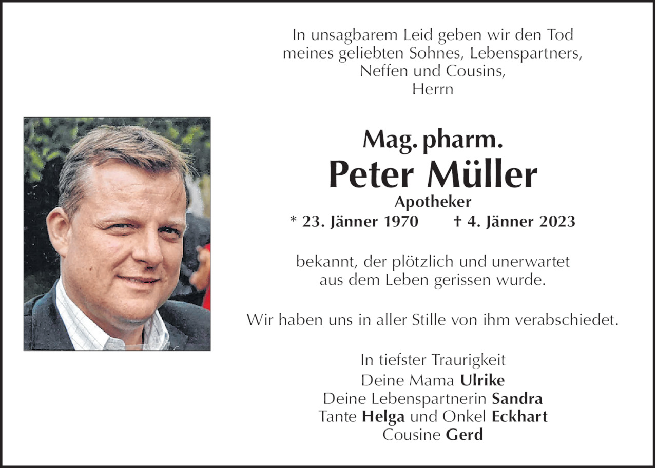 Traueranzeige von Peter Müller vom 04.01.2023 | Tiroler Tageszeitung