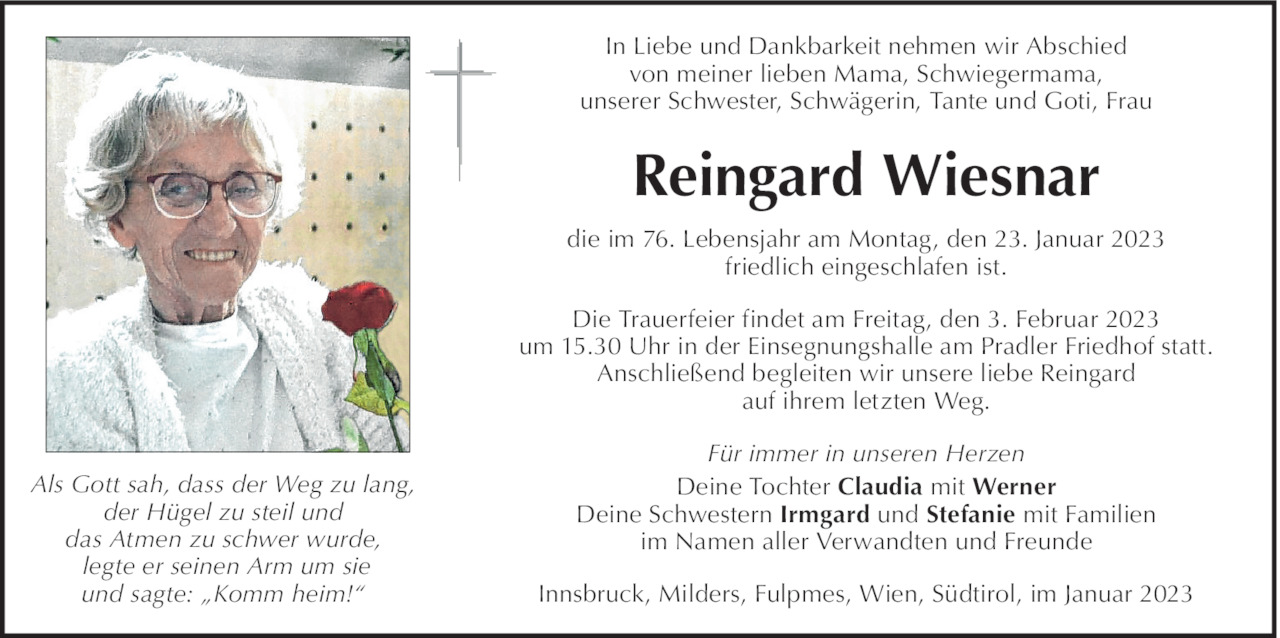 Traueranzeige von Reingard Wiesnar vom 23.01.2023 | Tiroler Tageszeitung